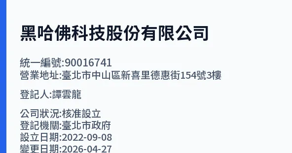 黑哈佛科技股份有限公司的照片-統編 90016741(臺北市) 公司登記資料與營業項目詳細圖表