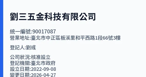 劉三五金科技有限公司的照片-統編 90017087(臺北市) 公司登記資料與營業項目詳細圖表