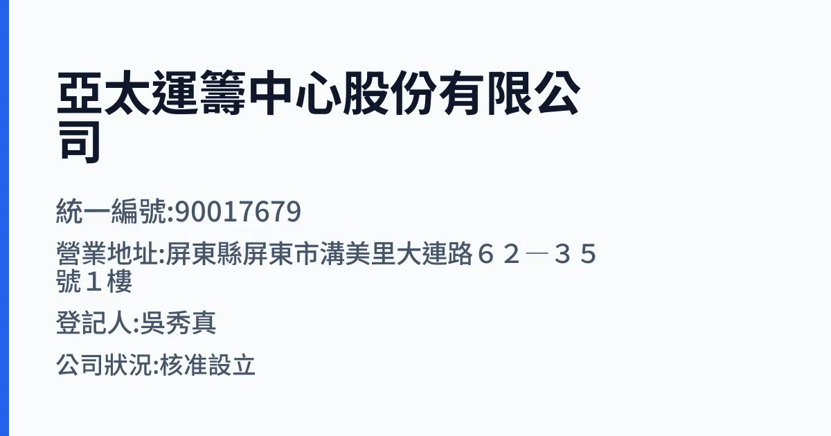 亞太運籌中心股份有限公司 - 統編 90017679（高雄市） 公司登記資料與營業項目詳細圖表