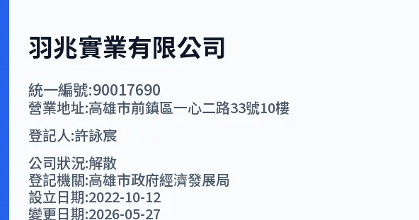 羽兆實業有限公司的照片-統編 90017690(高雄市) 公司登記資料與營業項目詳細圖表