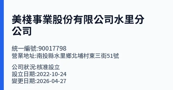 美棧事業股份有限公司水里分公司的照片-統編 90017798(南投縣) 公司登記資料與營業項目詳細圖表