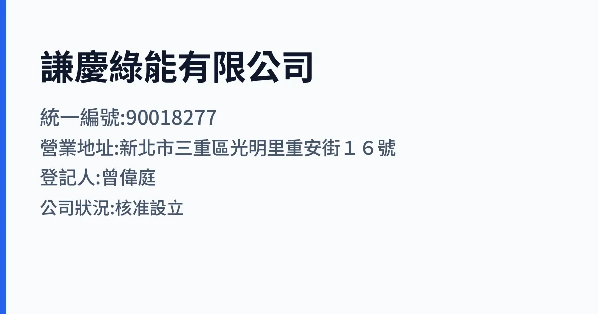 謙慶綠能有限公司 - 統編 90018277(新北市) 公司登記資料與營業項目詳細圖表
