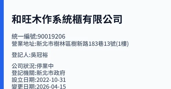 和旺木作系統櫃有限公司的照片-統編 90019206(新北市) 公司登記資料與營業項目詳細圖表