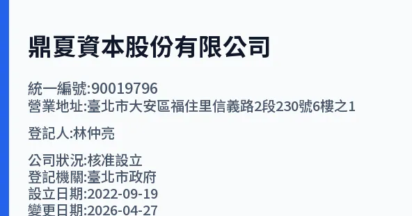 鼎夏資本股份有限公司的照片-統編 90019796(臺北市) 公司登記資料與營業項目詳細圖表