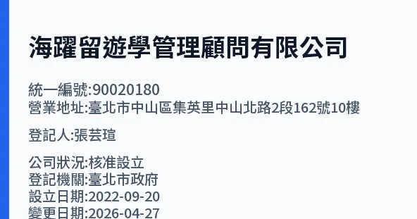 海躍留遊學管理顧問有限公司的照片-統編 90020180(臺北市) 公司登記資料與營業項目詳細圖表
