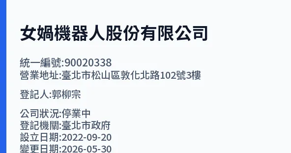 女媧機器人股份有限公司的照片-統編 90020338(臺北市) 公司登記資料與營業項目詳細圖表