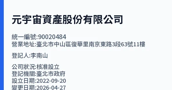 元宇宙資產股份有限公司的照片-統編 90020484(臺北市) 公司登記資料與營業項目詳細圖表