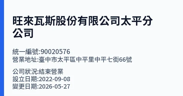 旺來瓦斯股份有限公司太平分公司的照片-統編 90020576(臺中市) 公司登記資料與營業項目詳細圖表
