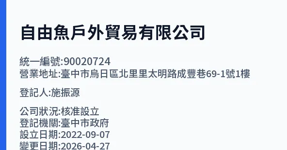 自由魚戶外貿易有限公司的照片-統編 90020724(臺中市) 公司登記資料與營業項目詳細圖表