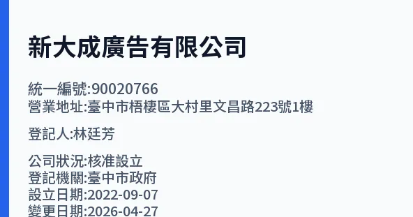 新大成廣告有限公司的照片-統編 90020766(臺中市) 公司登記資料與營業項目詳細圖表
