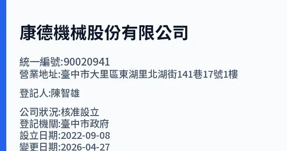 康德機械股份有限公司的照片-統編 90020941(臺中市) 公司登記資料與營業項目詳細圖表