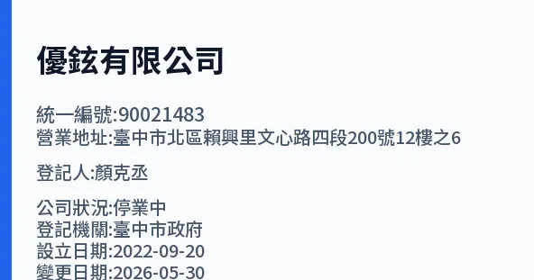 優鉉有限公司的照片-統編 90021483(臺中市) 公司登記資料與營業項目詳細圖表