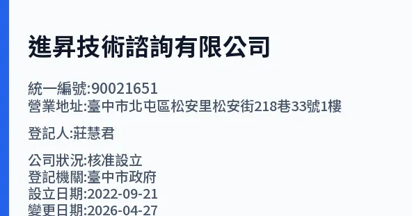 進昇技術諮詢有限公司的照片-統編 90021651(臺中市) 公司登記資料與營業項目詳細圖表