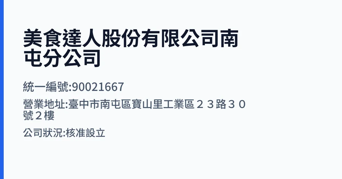 美食達人股份有限公司南屯分公司 - 統編 90021667(臺中市) 公司登記資料與營業項目詳細圖表