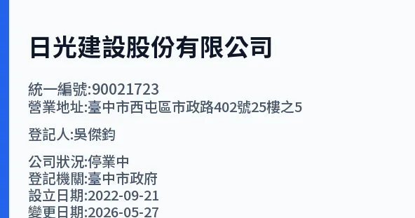 日光建設股份有限公司的照片-統編 90021723(臺中市) 公司登記資料與營業項目詳細圖表