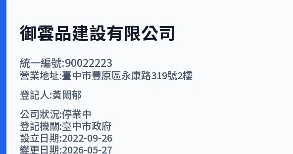 御雲品建設有限公司的照片-統編 90022223(臺中市) 公司登記資料與營業項目詳細圖表