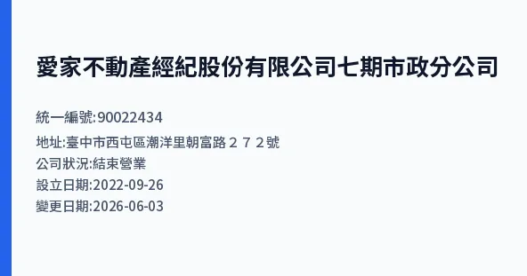 愛家不動產經紀股份有限公司七期市政分公司的照片-統編 90022434(臺中市) 公司登記資料與營業項目詳細圖表