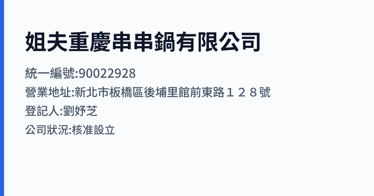 姐夫重慶串串鍋有限公司 - 統編 90022928(新北市) 公司登記資料與營業項目詳細圖表