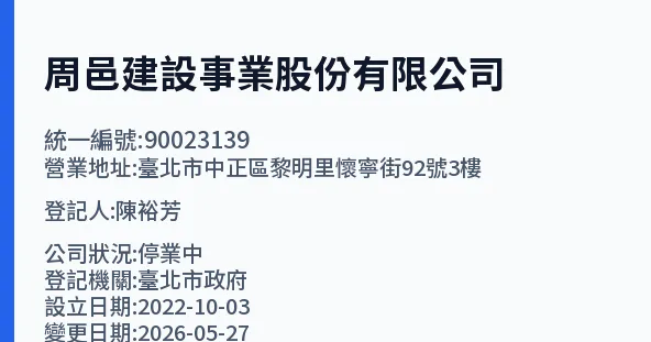 周邑建設事業股份有限公司的照片-統編 90023139(臺北市) 公司登記資料與營業項目詳細圖表