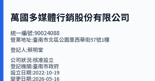 萬國多媒體行銷股份有限公司的照片-統編 90024088(臺南市) 公司登記資料與營業項目詳細圖表