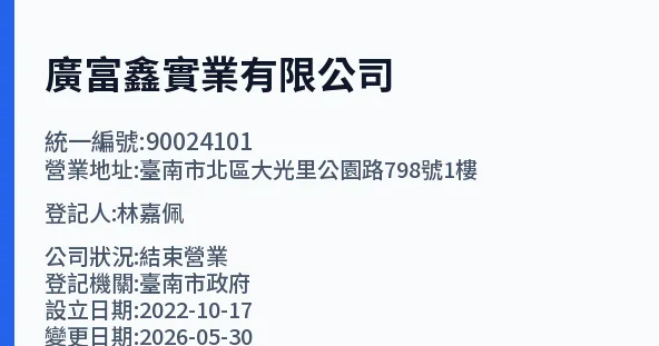 廣富鑫實業有限公司的照片-統編 90024101(臺南市) 公司登記資料與營業項目詳細圖表