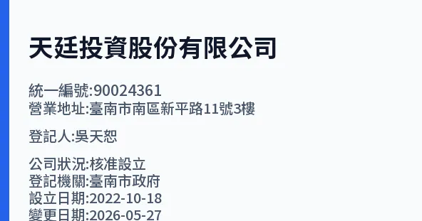 天廷投資股份有限公司的照片-統編 90024361(臺南市) 公司登記資料與營業項目詳細圖表