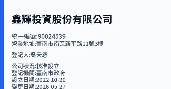 鑫輝投資股份有限公司的照片-統編 90024539(臺南市) 公司登記資料與營業項目詳細圖表