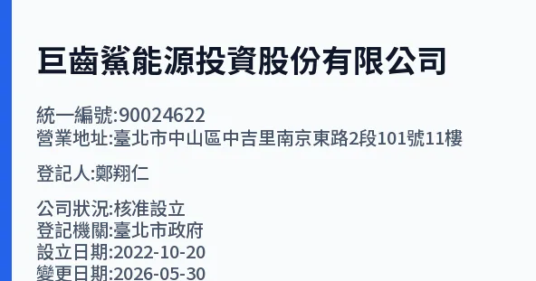 巨齒鯊能源投資股份有限公司的照片-統編 90024622(臺北市) 公司登記資料與營業項目詳細圖表