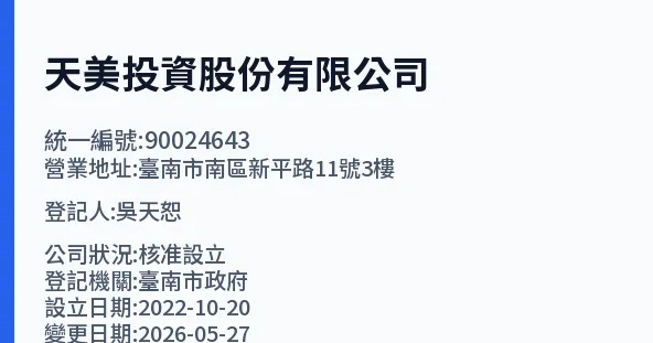 天美投資股份有限公司的照片-統編 90024643(臺南市) 公司登記資料與營業項目詳細圖表