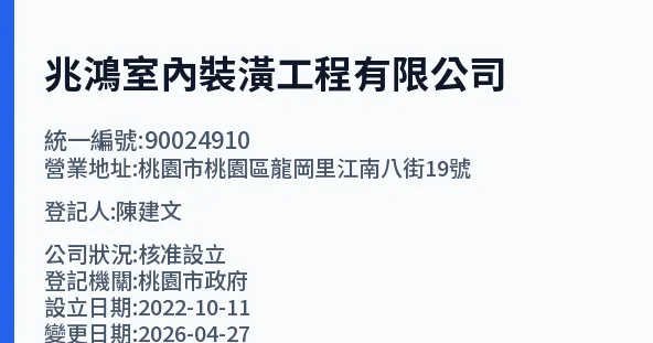 兆鴻室內裝潢工程有限公司的照片-統編 90024910(桃園市) 公司登記資料與營業項目詳細圖表