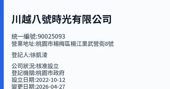 川越八號時光有限公司的照片-統編 90025093(桃園市) 公司登記資料與營業項目詳細圖表