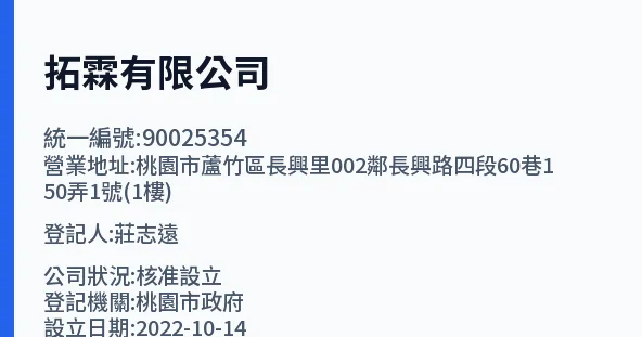 拓霖有限公司的照片-統編 90025354(桃園市) 公司登記資料與營業項目詳細圖表