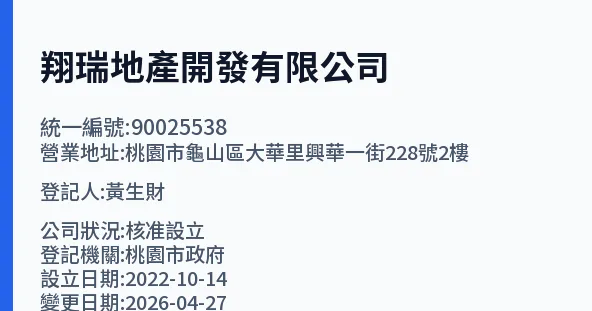 翔瑞地產開發有限公司的照片-統編 90025538(桃園市) 公司登記資料與營業項目詳細圖表