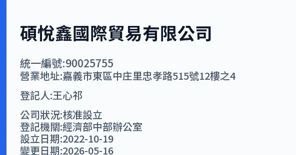 碩悅鑫國際貿易有限公司的照片-統編 90025755(嘉義市) 公司登記資料與營業項目詳細圖表