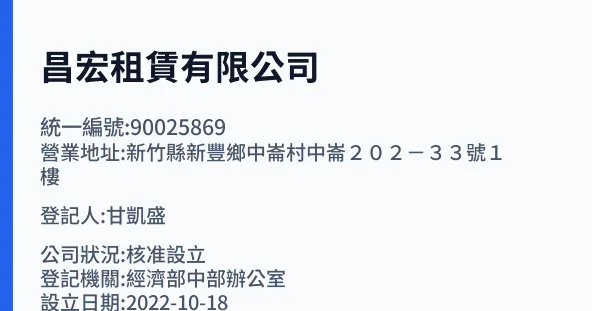 昌宏租賃有限公司的照片-統編 90025869(新竹縣) 公司登記資料與營業項目詳細圖表