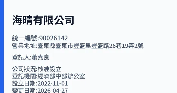 海晴有限公司的照片-統編 90026142(臺東縣) 公司登記資料與營業項目詳細圖表