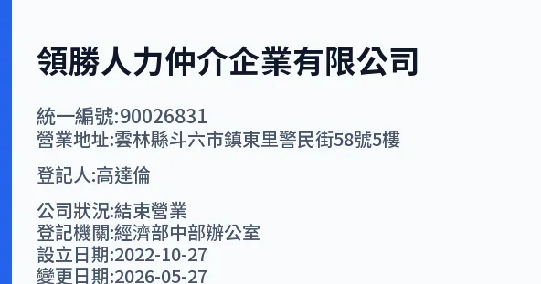 領勝人力仲介企業有限公司的照片-統編 90026831(雲林縣) 公司登記資料與營業項目詳細圖表