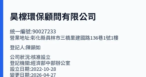 昊橖環保顧問有限公司的照片-統編 90027233(彰化縣) 公司登記資料與營業項目詳細圖表
