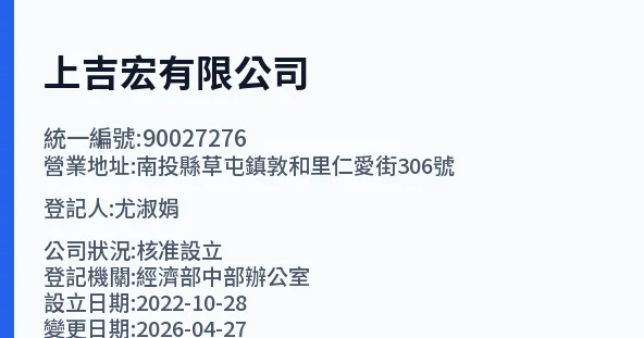 上吉宏有限公司的照片-統編 90027276(南投縣) 公司登記資料與營業項目詳細圖表