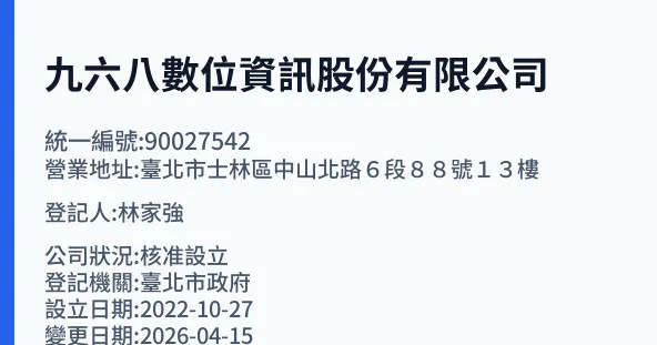九六八數位資訊股份有限公司的照片-統編 90027542(臺北市) 公司登記資料與營業項目詳細圖表