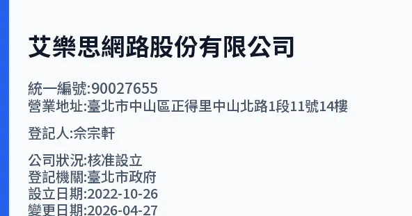 艾樂思網路股份有限公司的照片-統編 90027655(臺北市) 公司登記資料與營業項目詳細圖表
