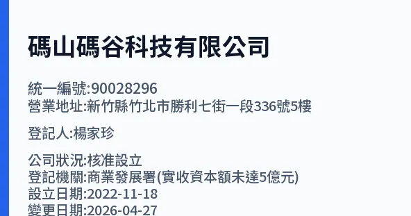 碼山碼谷科技有限公司的照片-統編 90028296(新竹縣) 公司登記資料與營業項目詳細圖表