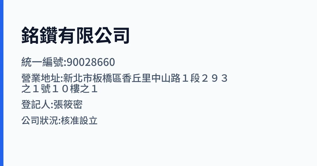 銘鑽有限公司 - 統編 90028660(新北市) 公司登記資料與營業項目詳細圖表