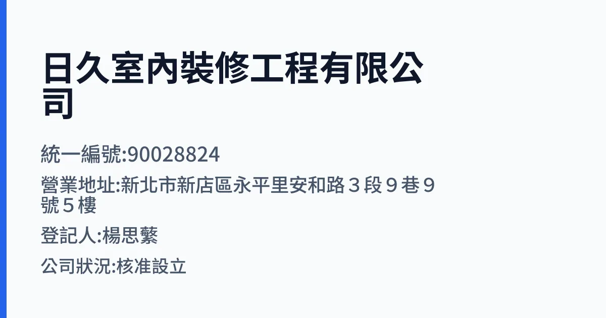 日久室內裝修工程有限公司 - 統編 90028824(新北市) 公司登記資料與營業項目詳細圖表