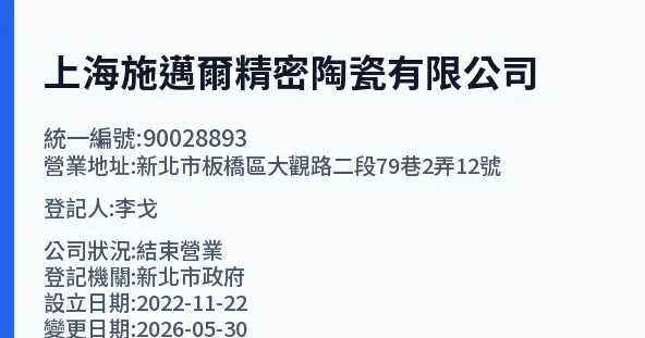 上海施邁爾精密陶瓷有限公司的照片-統編 90028893(新北市) 公司登記資料與營業項目詳細圖表