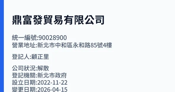 鼎富發貿易有限公司的照片-統編 90028900(新北市) 公司登記資料與營業項目詳細圖表