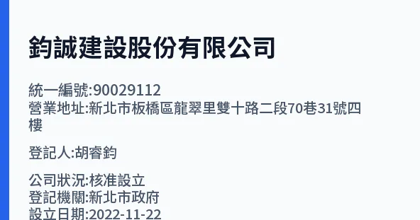 鈞誠建設股份有限公司的照片-統編 90029112(新北市) 公司登記資料與營業項目詳細圖表