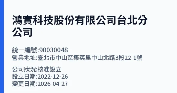 鴻實科技股份有限公司台北分公司的照片-統編 90030048(臺北市) 公司登記資料與營業項目詳細圖表