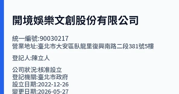 開境娛樂文創股份有限公司的照片-統編 90030217(臺北市) 公司登記資料與營業項目詳細圖表