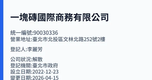 一塊磚國際商務有限公司的照片-統編 90030336(臺北市) 公司登記資料與營業項目詳細圖表
